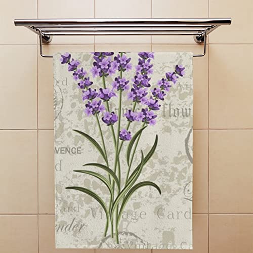 Retro Provence Lavender Stamps Fingertip Bath Towels, Super Soft Highly Absorbent Face Hand Towels, 2 Pack Purple Flowers Decorative Dish Towels for Hotel Kitchen Bathroom, 30 x 15 Inch