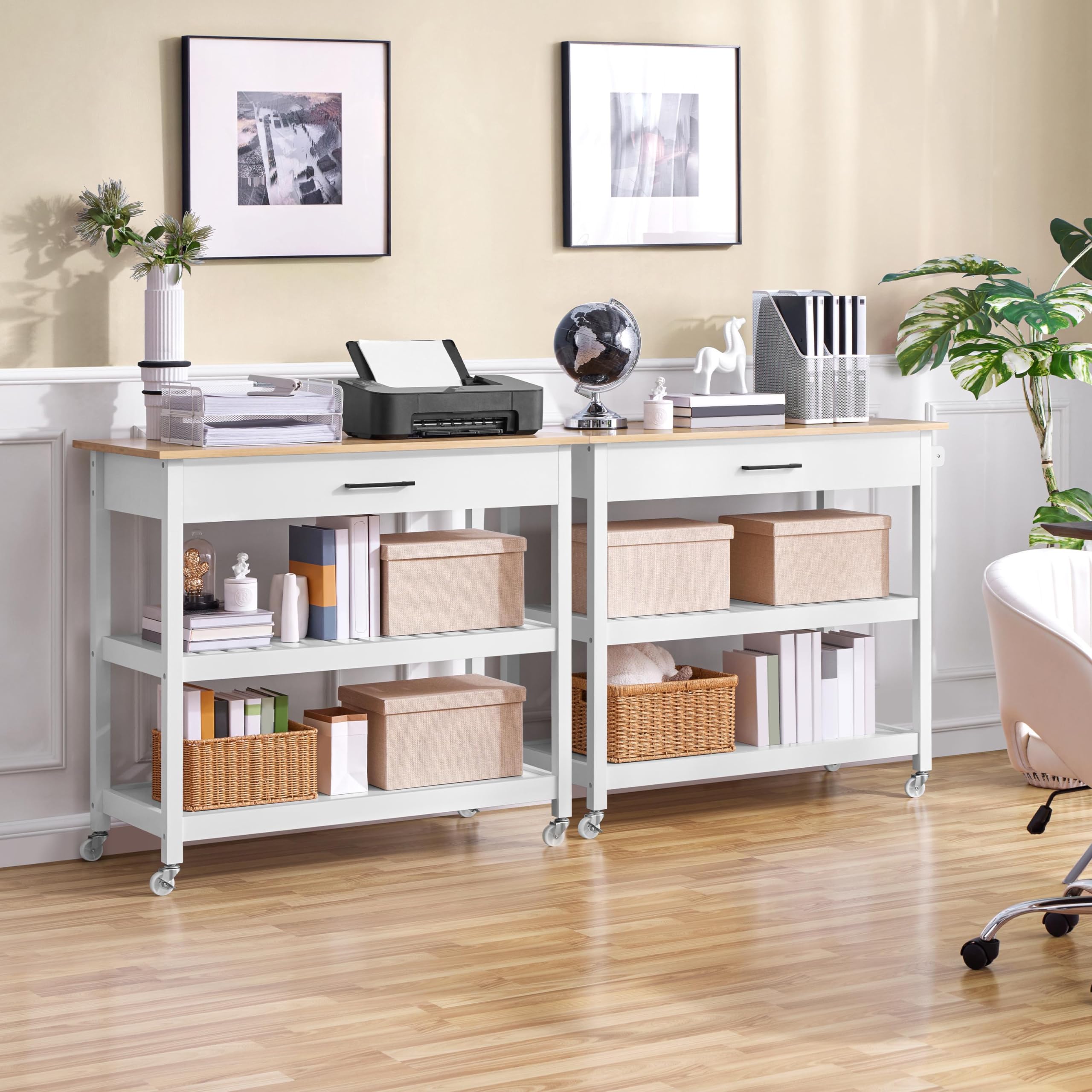 Yaheetech 40" Width Kitchen Island Cart on Wheels, 3 Tiers Rolling Utility Cart with Solid Wood Top and Drawer & 2 Spacious Storage Shelf, Serving Trolley for Dining Room, White