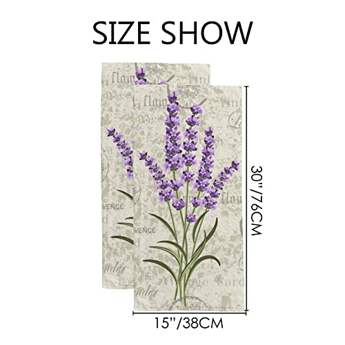 Retro Provence Lavender Stamps Fingertip Bath Towels, Super Soft Highly Absorbent Face Hand Towels, 2 Pack Purple Flowers Decorative Dish Towels for Hotel Kitchen Bathroom, 30 x 15 Inch