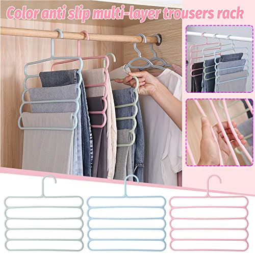 Pants Hangers Space Saving Scarf Hangers for Closet Organizer - Jeans Hangers Scarf Holder Closet 5-Layer Multi Functional Pants Rack (Blue, One Size)
