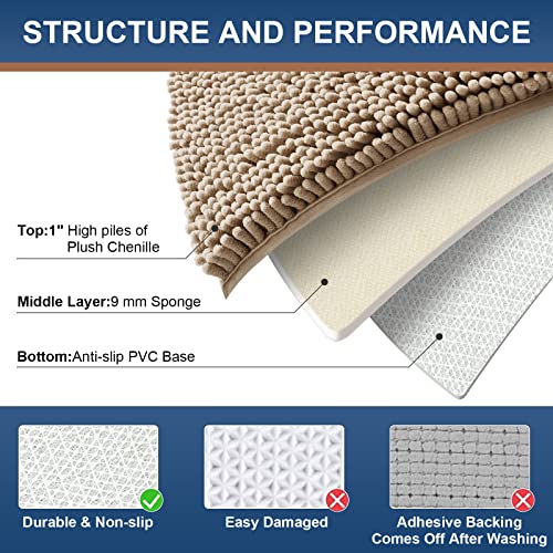 Smiry Luxury Chenille Bath Rug, Extra Soft and Absorbent Shaggy Bathroom Mat Rugs, Machine Washable, Non-Slip Plush Carpet Runner for Tub, Shower, and Bath Room(24''x16'', Beige)