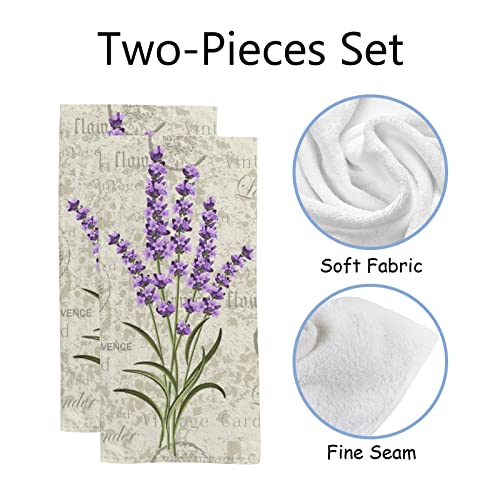 Retro Provence Lavender Stamps Fingertip Bath Towels, Super Soft Highly Absorbent Face Hand Towels, 2 Pack Purple Flowers Decorative Dish Towels for Hotel Kitchen Bathroom, 30 x 15 Inch