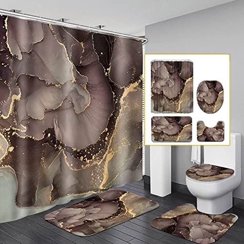 XVWJ 4 Pcs SaddleBrown Marble Shower Curtain Sets with Rugs, Gold Watercolor Ink Bathroom Sets with Shower Curtain and Rugs and Accessories, Delicate Bathroom Accessories Decor with Bath Mats