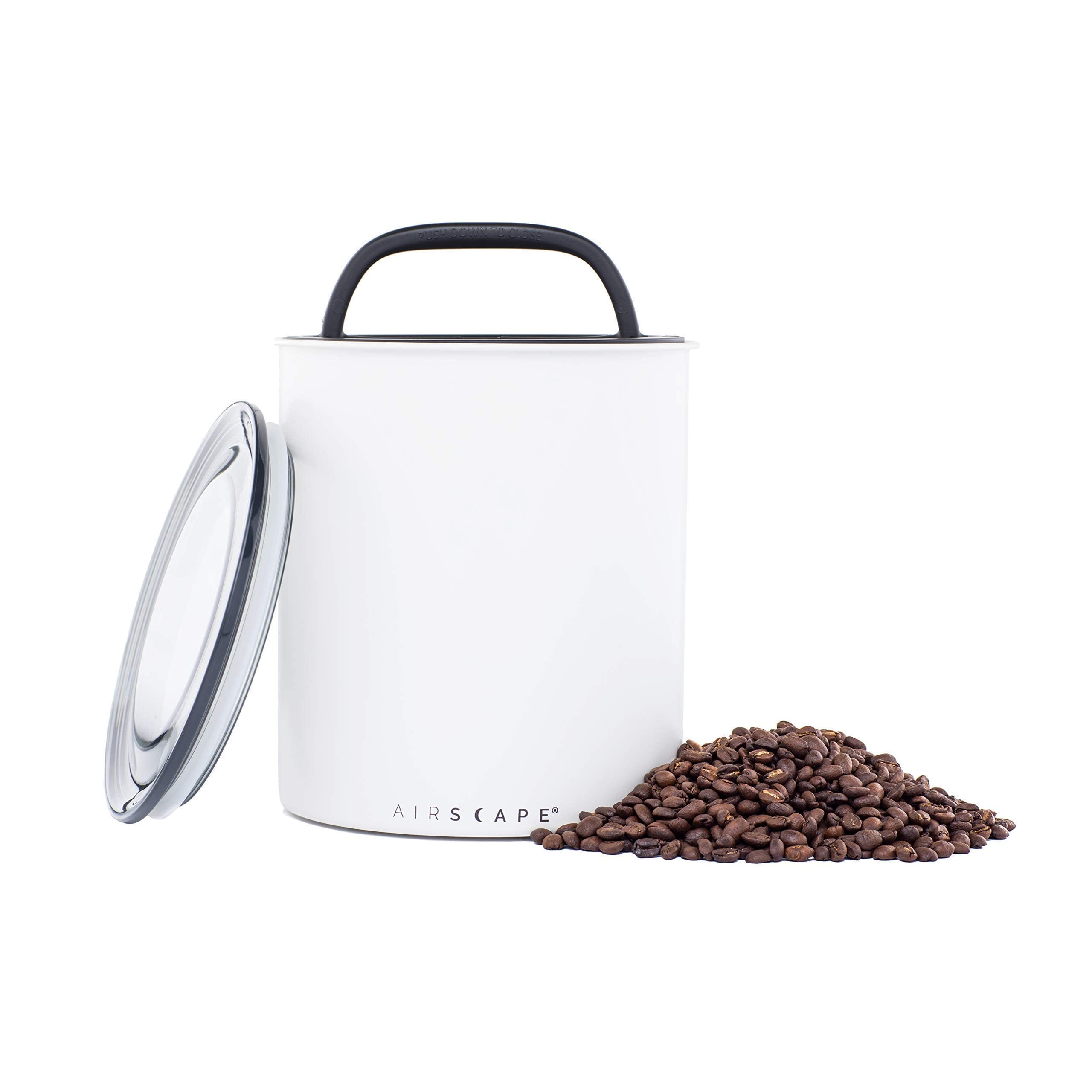 Airscape Kilo Coffee Storage Canister & Scoop Bundle - Large Food Container - Patented Airtight Lid 2-Way Valve Preserve Food Freshness, 2.2 lb Dry Beans (Large Matte White & Brushed Steel Scoop)