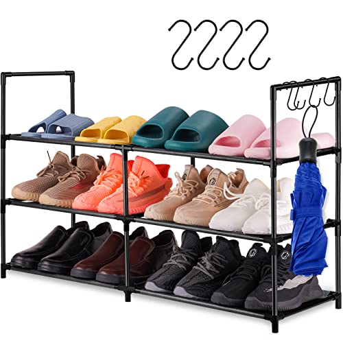 NiHome 3-Tier Shoe Rack Sturdy Durable Metal Shoe Organizer 12 Pairs Space Saving Shoe Tower Shoe Stand Shoe Shelf Non-Woven Fabric for Closet Hallway Entryway Living Room Bedroom (Black)