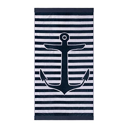 SUPERIOR 100% Egyptian Cotton, 450 GSM, Yacht Club Oversized Beach Towel (Set of 2) 34”x 64”, 2-Ply, High Absorbency Nautical Striped Anchor Pattern