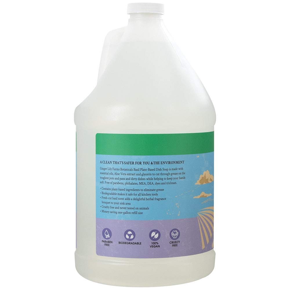 Ginger Lily Farms Botanicals Plant-Based Liquid Dish Soap, Concentrated Formula with Max Grease Cleaning Power, Cruelty-Free, Basil Scent, 1 Gallon Refill (128 Fl. Oz.)