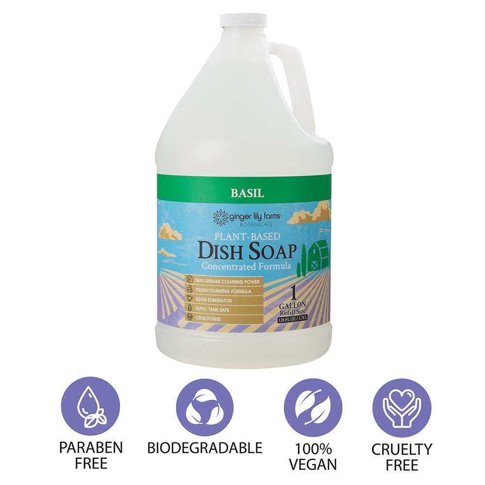 Ginger Lily Farms Botanicals Plant-Based Liquid Dish Soap, Concentrated Formula with Max Grease Cleaning Power, Cruelty-Free, Basil Scent, 1 Gallon Refill (128 Fl. Oz.)