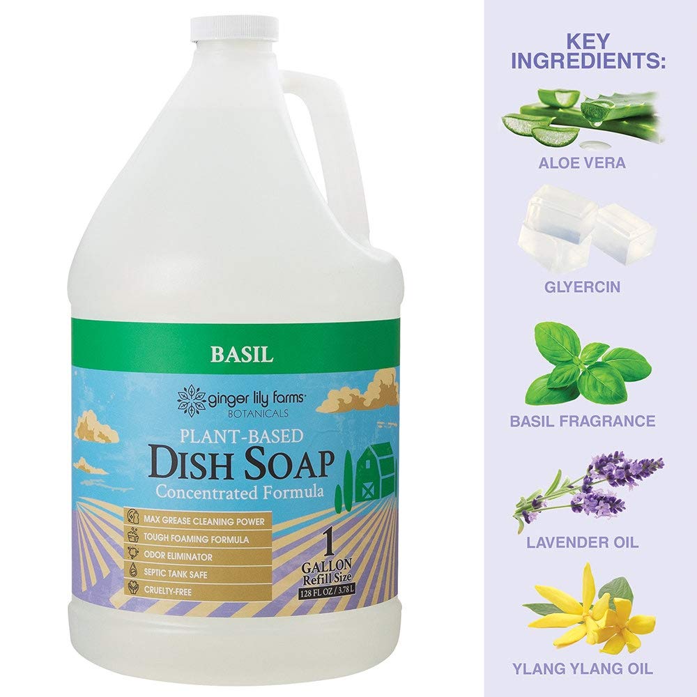 Ginger Lily Farms Botanicals Plant-Based Liquid Dish Soap, Concentrated Formula with Max Grease Cleaning Power, Cruelty-Free, Basil Scent, 1 Gallon Refill (128 Fl. Oz.)