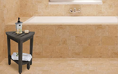 CoastalVogue Flexi Corner Teak Shower Corner Stool Wood Corner Shower Seat Spa Bench with Shelf, 15" Corner Shower Foot Stool in Antique Gray Finish