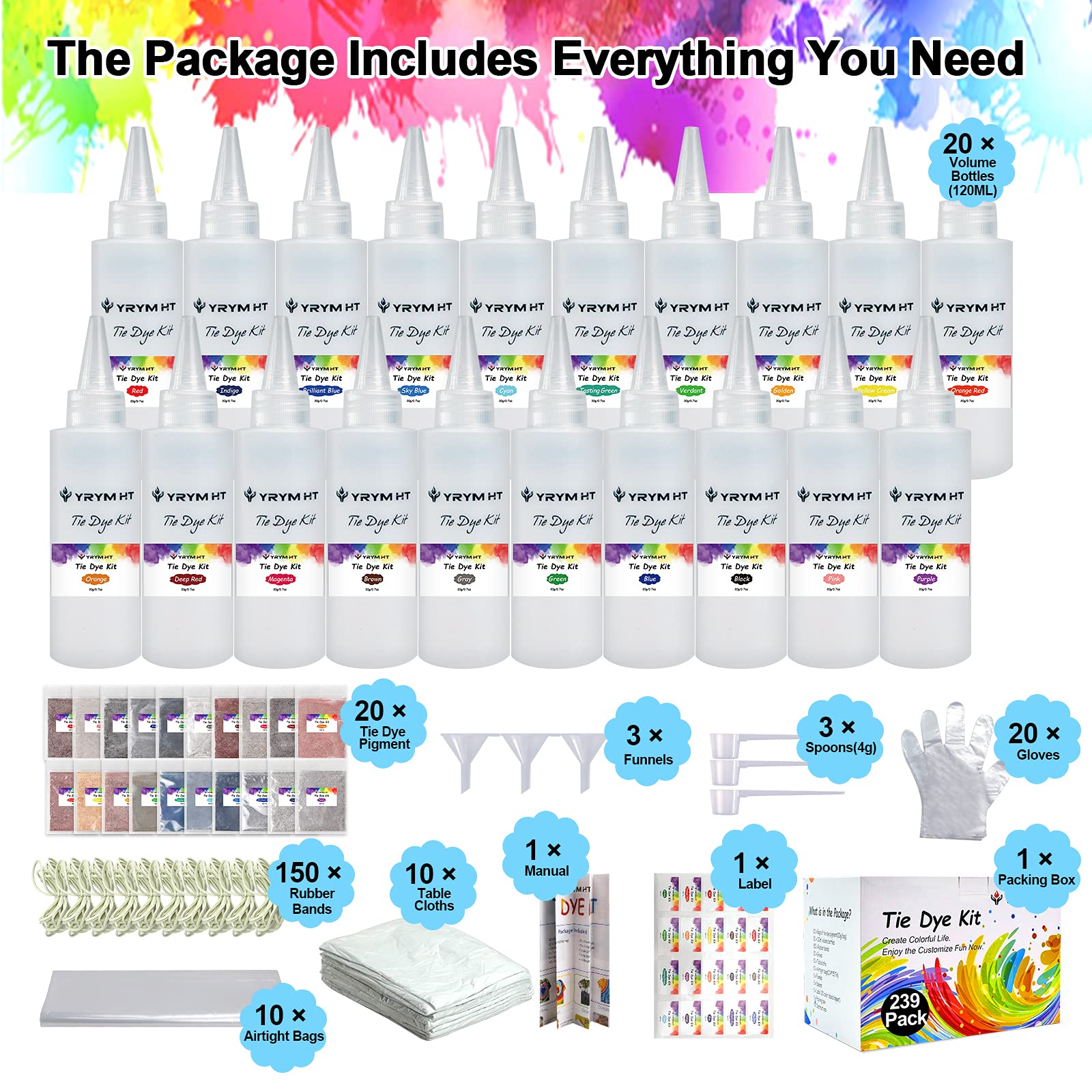 Large Tie Dye Kit for Kids and Adults - 239 Pack Permanent Tie Dye Kits for Clothing Craft Fabric Textile Party Group Handmade Project (Dye up to 60 Medium Adults T-Shirts!)