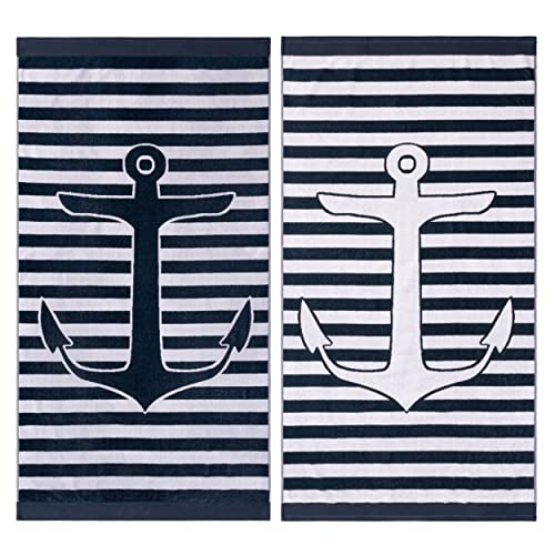 SUPERIOR 100% Egyptian Cotton, 450 GSM, Yacht Club Oversized Beach Towel (Set of 2) 34βx 64β, 2-Ply, High Absorbency Nautical Striped Anchor Pattern