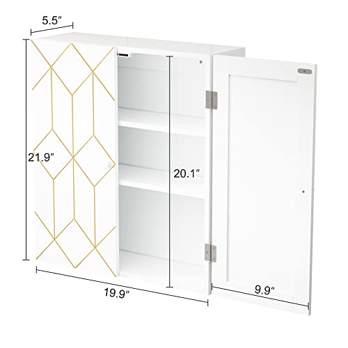 AZODY Bathroom Cabinet with Gold Trim, Wall-Mounted Bathroom Cabinet Storage Cabinet with Adjustable Shelves and Side Hooks, Space Saver Medicine Cabinet for Livingroom, Laundry, Frameless White
