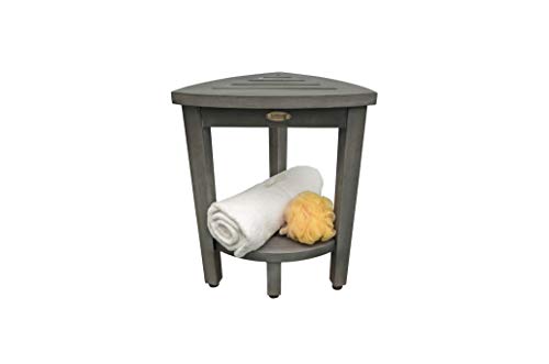 CoastalVogue Flexi Corner Teak Shower Corner Stool Wood Corner Shower Seat Spa Bench with Shelf, 15" Corner Shower Foot Stool in Antique Gray Finish