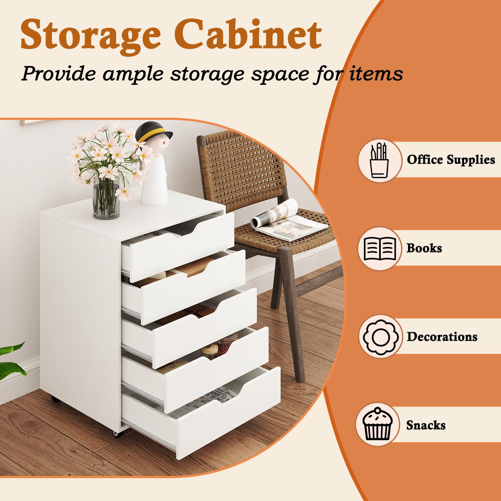 Giantex 5-Drawer Storage Cabinet, Mobile File Cabinet with Drawers, Wheels, Rolling Lateral Filing Cabinet Under Desk, Chest of Drawers, 19.5" x 16" x 25.5" Office Cabinet for Living Room, Study