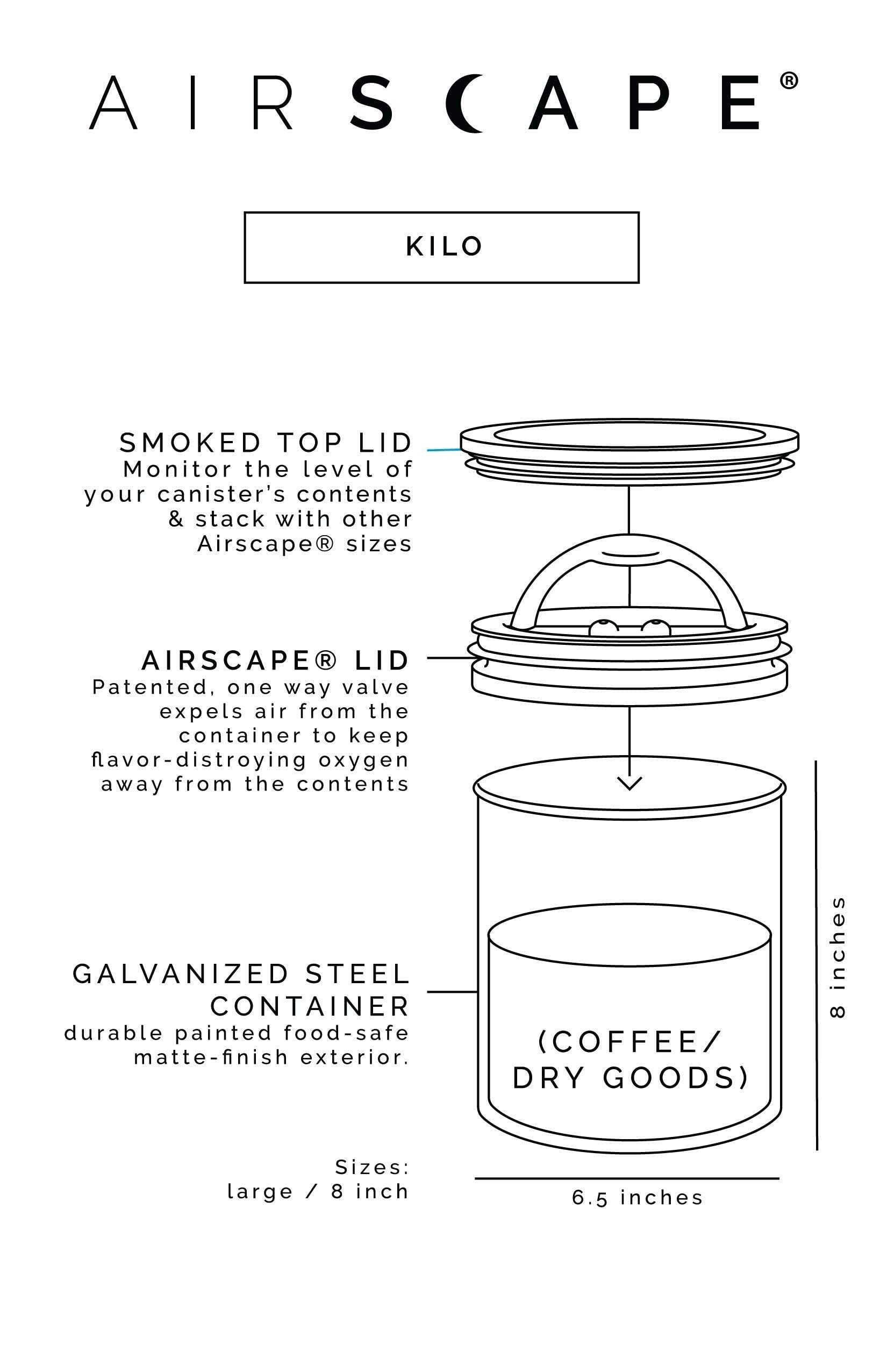 Airscape Kilo Coffee Storage Canister & Scoop Bundle - Large Food Container - Patented Airtight Lid 2-Way Valve Preserve Food Freshness, 2.2 lb Dry Beans (Large Matte White & Brushed Steel Scoop)