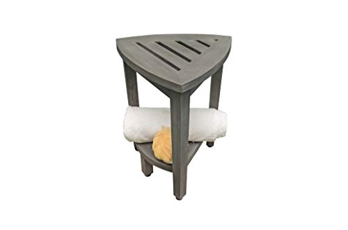 CoastalVogue Flexi Corner Teak Shower Corner Stool Wood Corner Shower Seat Spa Bench with Shelf, 15" Corner Shower Foot Stool in Antique Gray Finish