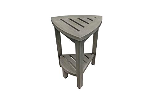 CoastalVogue Flexi Corner Teak Shower Corner Stool Wood Corner Shower Seat Spa Bench with Shelf, 15" Corner Shower Foot Stool in Antique Gray Finish