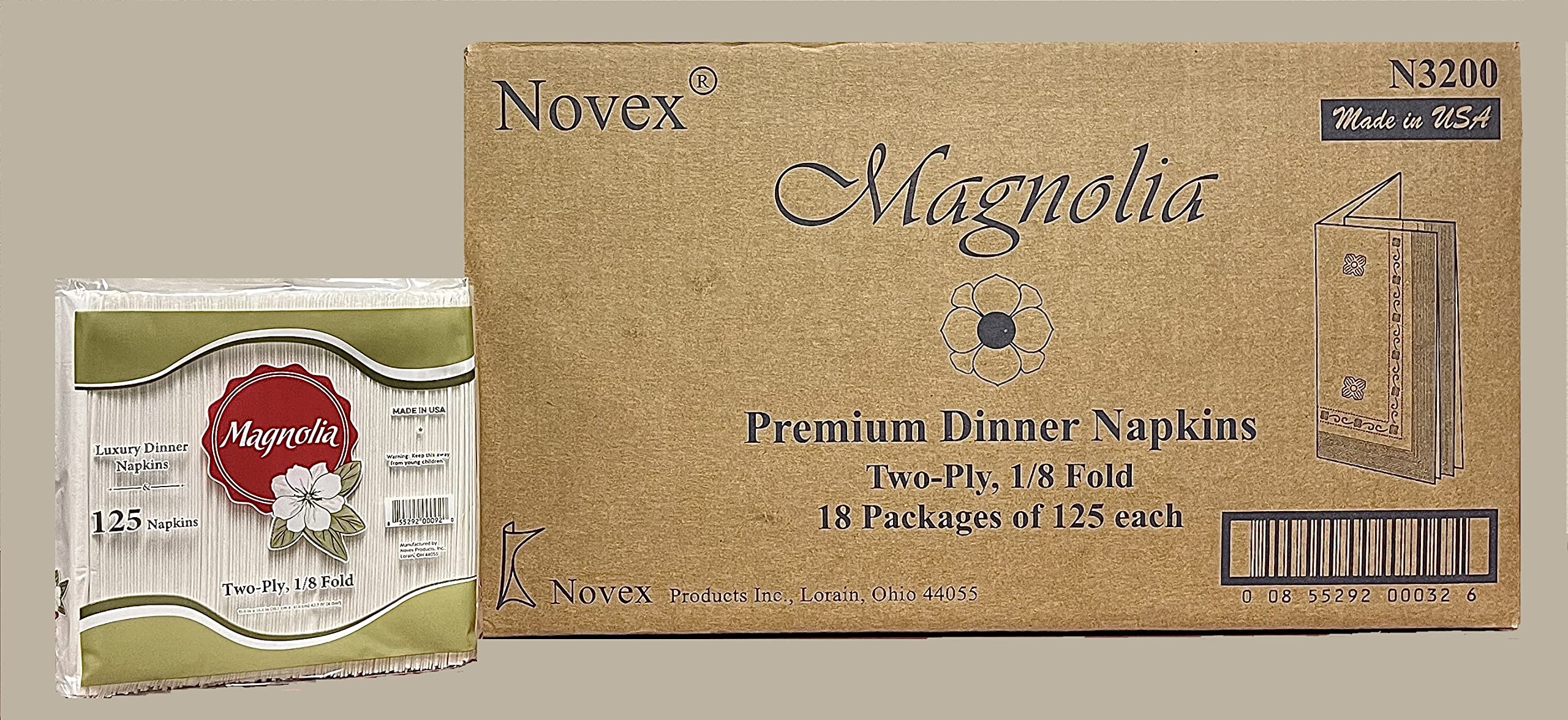 Magnolia Premium Bright 2-Ply Dinner Napkins for all Occasions, 1/8 Fold, 18 Packs of 125 Each, 15"x16.5", Made in the USA