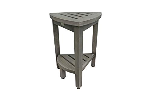 CoastalVogue Flexi Corner Teak Shower Corner Stool Wood Corner Shower Seat Spa Bench with Shelf, 15" Corner Shower Foot Stool in Antique Gray Finish