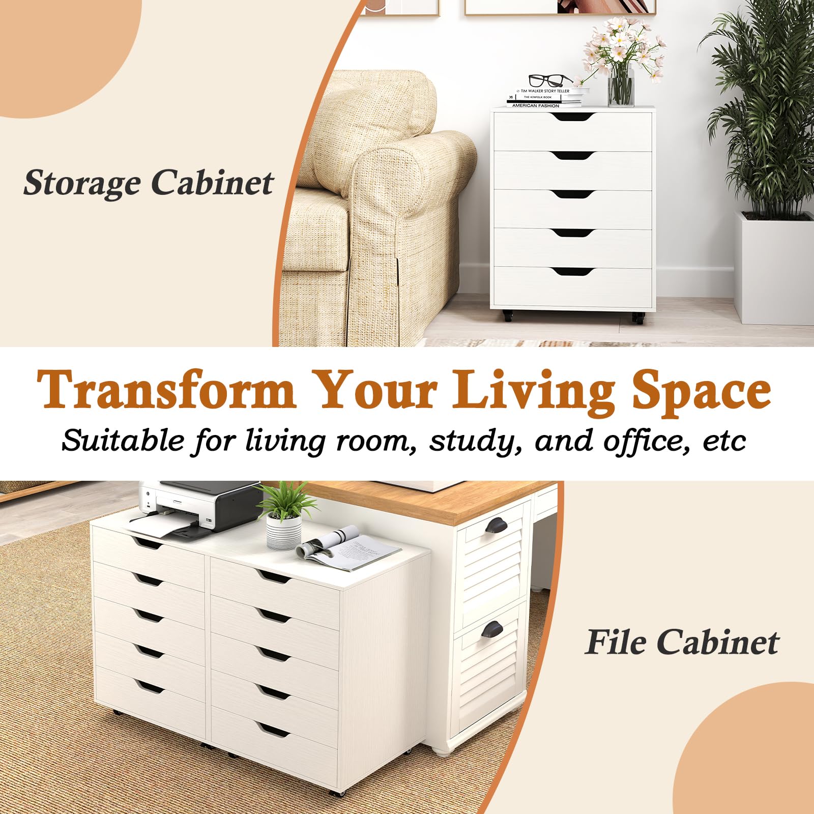 Giantex 5-Drawer Storage Cabinet, Mobile File Cabinet with Drawers, Wheels, Rolling Lateral Filing Cabinet Under Desk, Chest of Drawers, 19.5" x 16" x 25.5" Office Cabinet for Living Room, Study