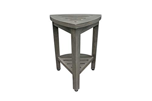 CoastalVogue Flexi Corner Teak Shower Corner Stool Wood Corner Shower Seat Spa Bench with Shelf, 15" Corner Shower Foot Stool in Antique Gray Finish