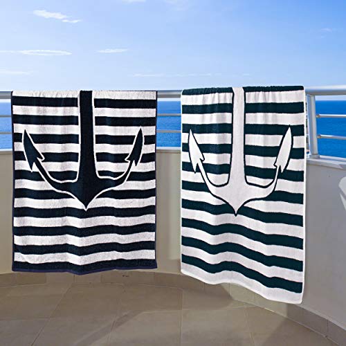 SUPERIOR 100% Egyptian Cotton, 450 GSM, Yacht Club Oversized Beach Towel (Set of 2) 34βx 64β, 2-Ply, High Absorbency Nautical Striped Anchor Pattern