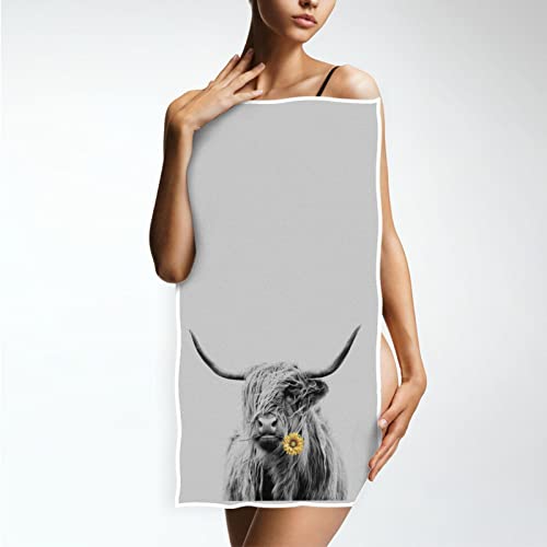 Pfrewn Highland Cattle Cow Sunflower Hand Bath Towels Soft Absorbent Bathroom Guest Towel Hanging Kitchen Dish Towel for Home Decor 16x30 in