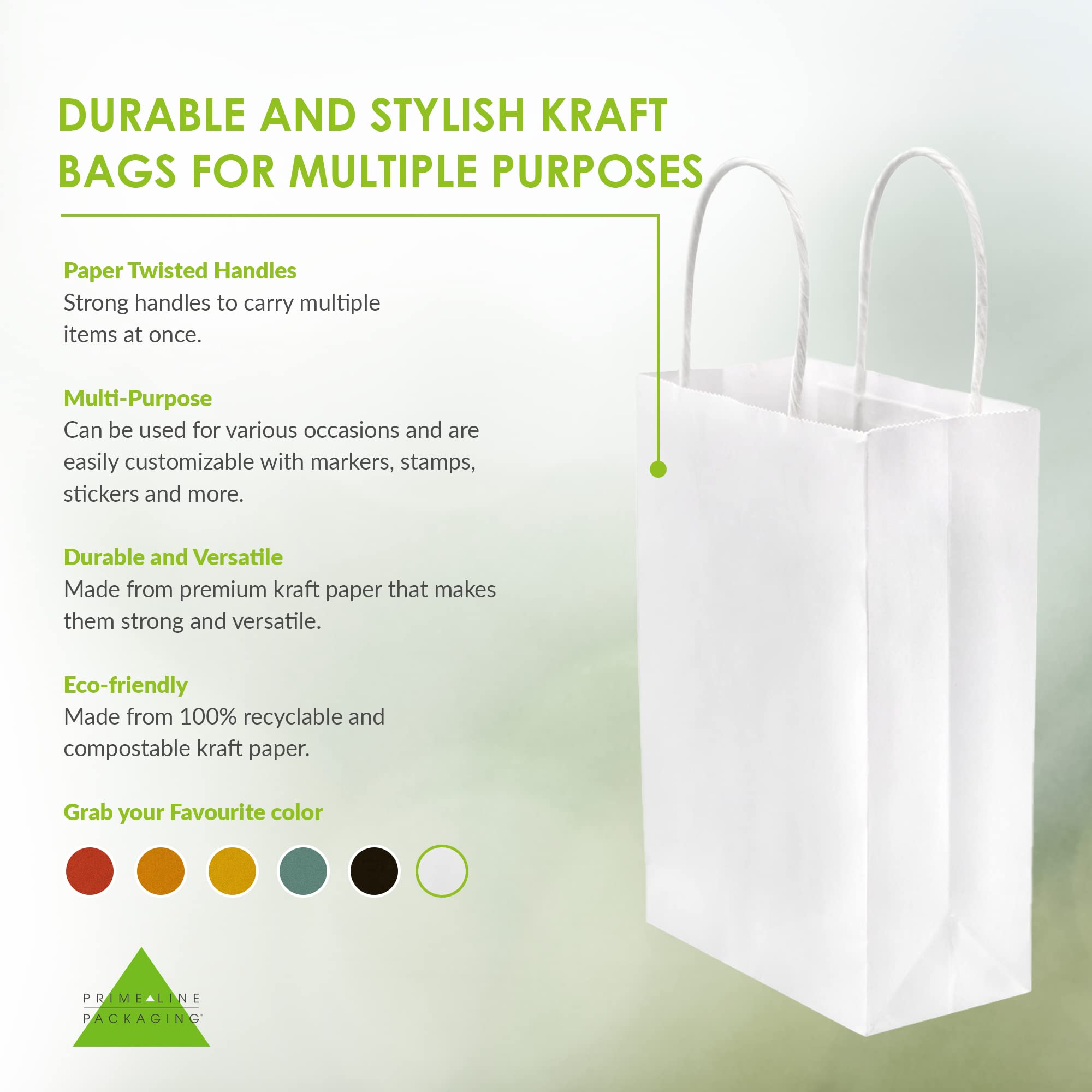 Prime Line Packaging Mini White Gift Bags with Twisted Handles, Small Business Shopping Tote, Boutique, Merchandise, Party Favor, Bulk, 6x3x9 100 Pack