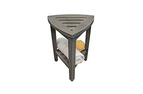 CoastalVogue Flexi Corner Teak Shower Corner Stool Wood Corner Shower Seat Spa Bench with Shelf, 15" Corner Shower Foot Stool in Antique Gray Finish