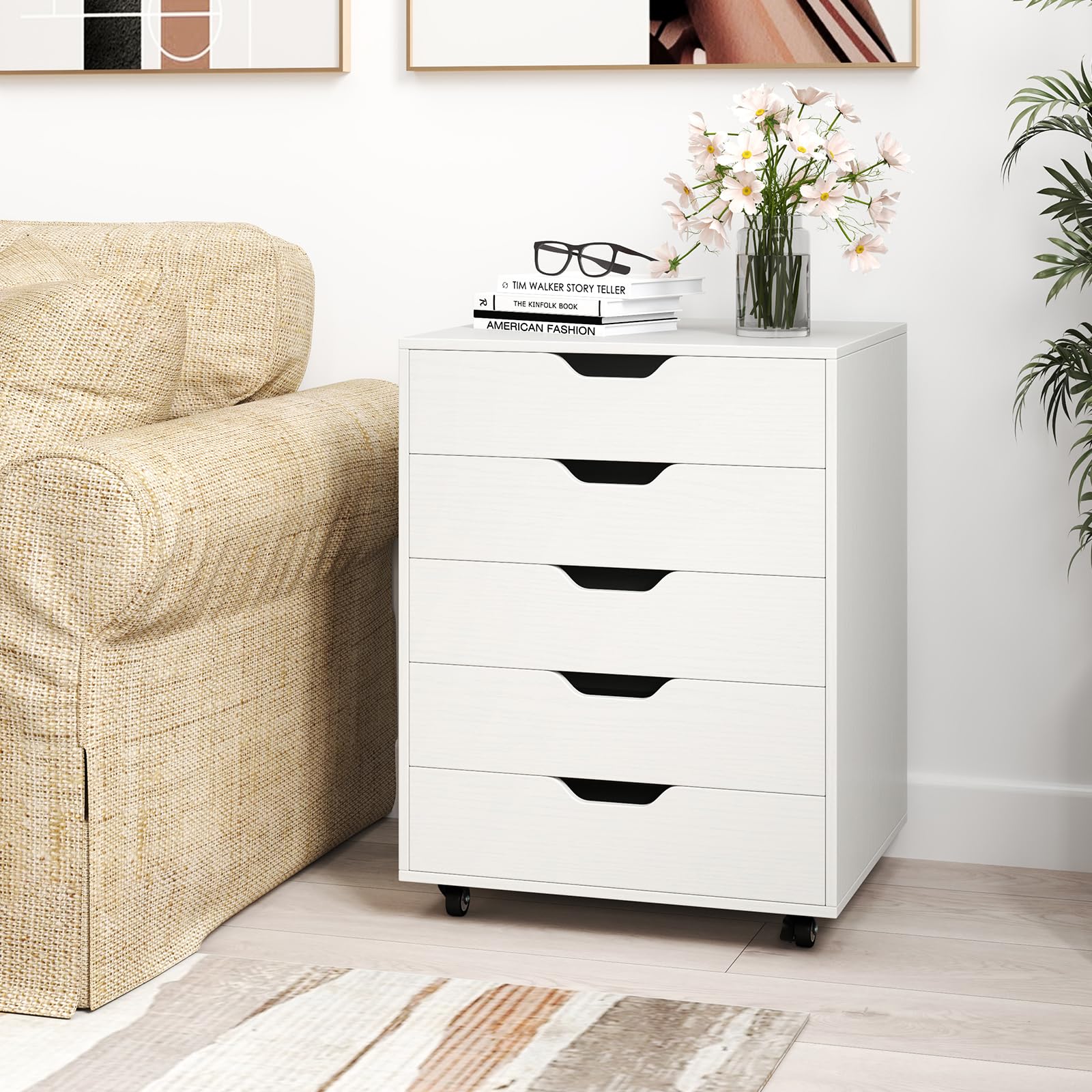 Giantex 5-Drawer Storage Cabinet, Mobile File Cabinet with Drawers, Wheels, Rolling Lateral Filing Cabinet Under Desk, Chest of Drawers, 19.5" x 16" x 25.5" Office Cabinet for Living Room, Study