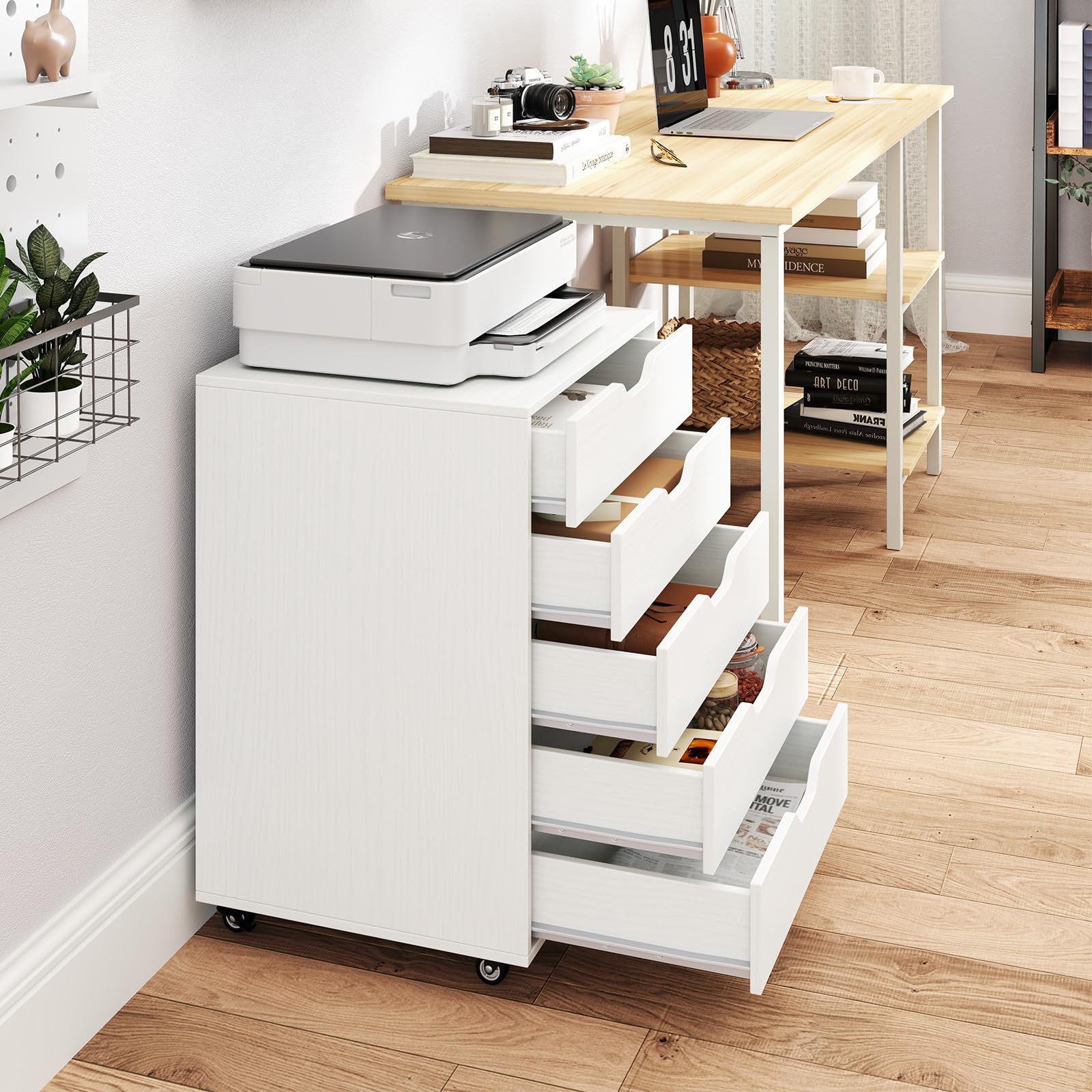 Giantex 5-Drawer Storage Cabinet, Mobile File Cabinet with Drawers, Wheels, Rolling Lateral Filing Cabinet Under Desk, Chest of Drawers, 19.5" x 16" x 25.5" Office Cabinet for Living Room, Study