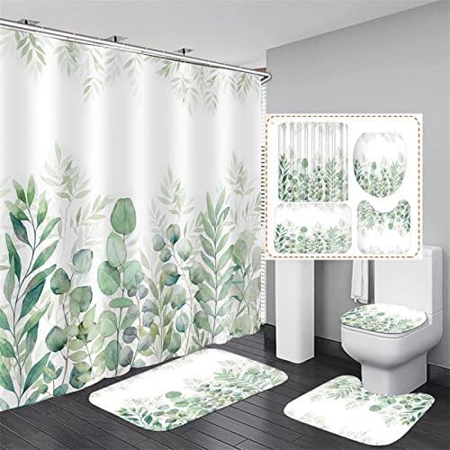 DDQQ Green Leaves Shower Curtain Sets with Non-Slip Rug, Toilet Lid Cover and Bath Mat, Plant Leaves Shower Curtain Sets with 12 Hooks, Durable Waterproof Shower Curtain for Bathroom Set Decor