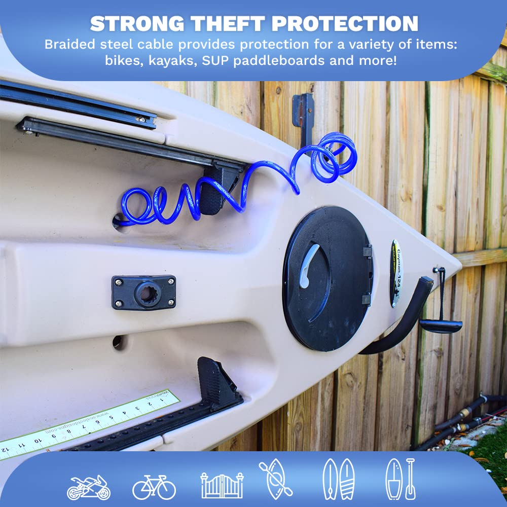 DocksLocks Weatherproof Coiled Security Cable Lock (5ft to 25ft Lengths) with Resettable Combination, Anti-Theft Protection for Kayaks, Bikes, Paddleboards, Scooter, Equipment, Bicycles and More 15ft