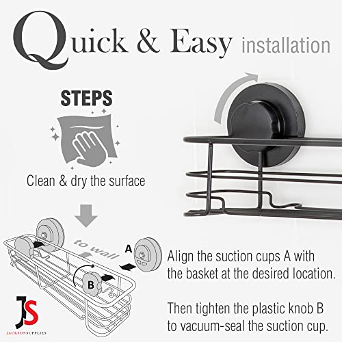 JS Jackson Supplies Set of Matte Black Suction Cup Rectangular Shower Shelves, (2) Caddies and (2) Suction Cup Shower Hooks