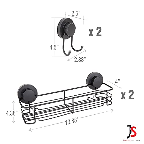 JS Jackson Supplies Set of Matte Black Suction Cup Rectangular Shower Shelves, (2) Caddies and (2) Suction Cup Shower Hooks