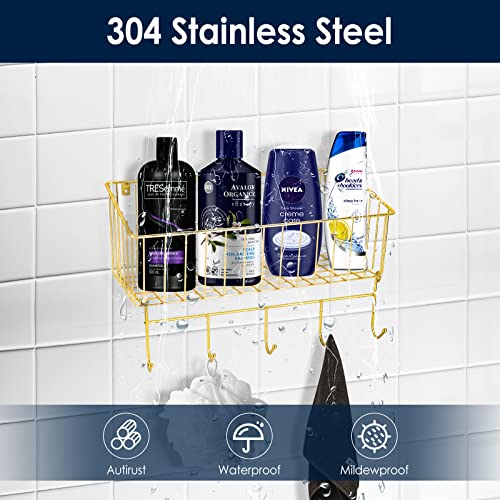 KingFurt Shower Caddy Gold,2Pcs Adhesive Bathroom Shower Organizer Shelves,Kitchen Storage Rack with Hooks,No Drilling Wall Mounted or Drill Stainless Steel Rustproof Shower Shelf for Inside Shower