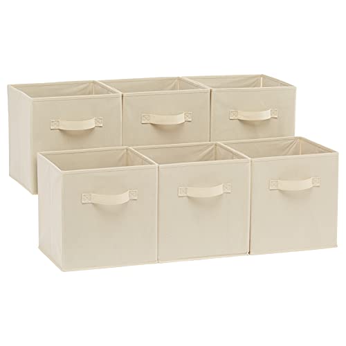 Amazon Basics Expandable Metal Hanging Storage Organizer Rack Wardrobe with Shelves, 14"-63" x 58"-72", Chrome & Collapsible Fabric Storage Cubes Organizer with Handles, Beige - Pack of 6