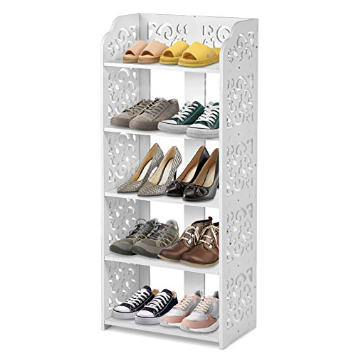 5 Tier Small Shoe Rack Storage Organizer, Engraving Vertical Shoe Rack for Entryway Tiered, Closets Shoe Storage Rack for Men Women Kids Shoes Small Shoe Rack, White