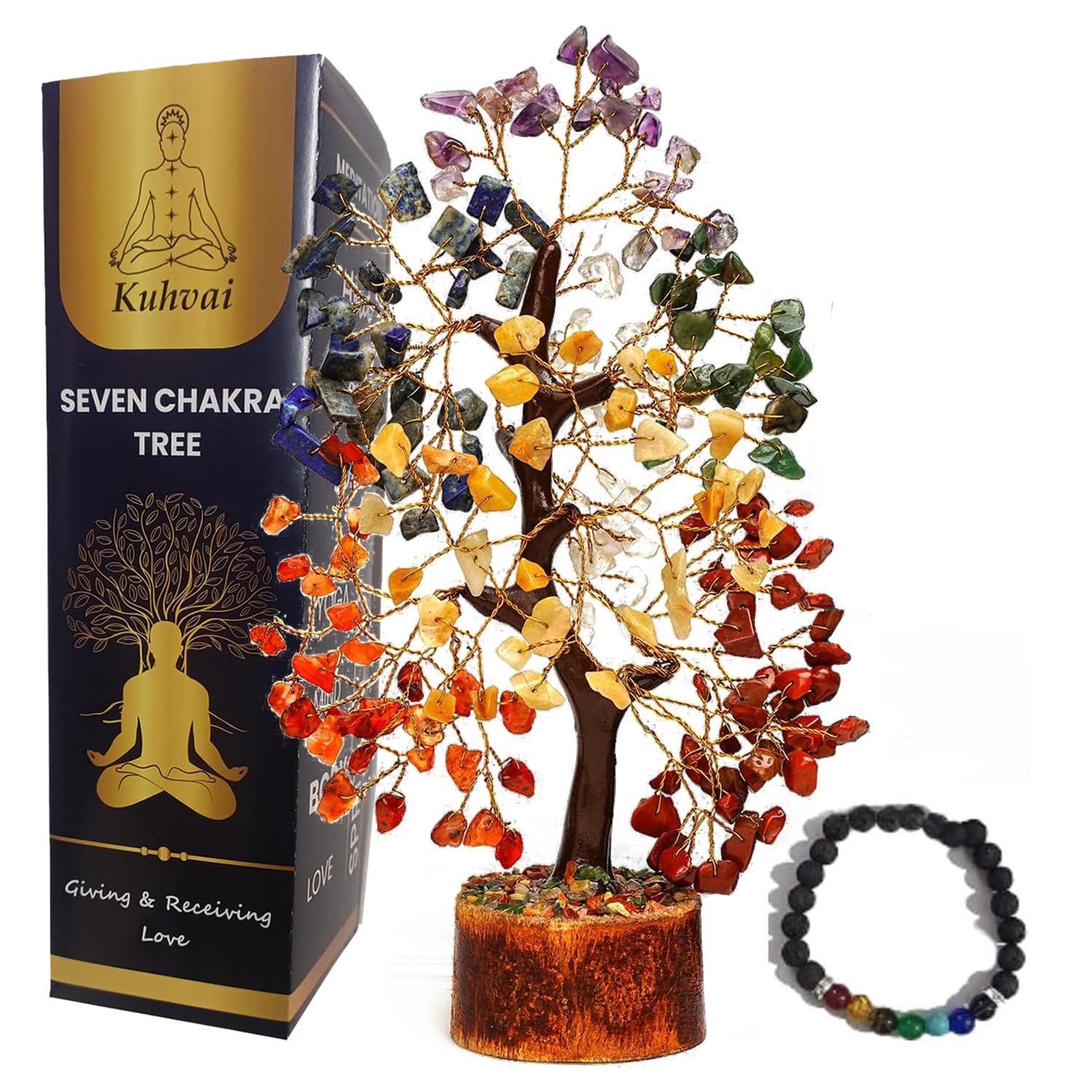 Kuhvai Seven Chakra Tree of Life, Crystal Tree for Positive Energy, 7 Chakra Tree, Feng Shui Tree, Stone Decor Natural Artificial Tree, Spiritual Gift Decorations Gemstone Tree, Free 7 Chakra Bracelet