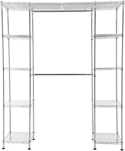 Amazon Basics Expandable Metal Hanging Storage Organizer Rack Wardrobe with Shelves, 14"-63" x 58"-72", Chrome & Collapsible Fabric Storage Cubes Organizer with Handles, Beige - Pack of 6