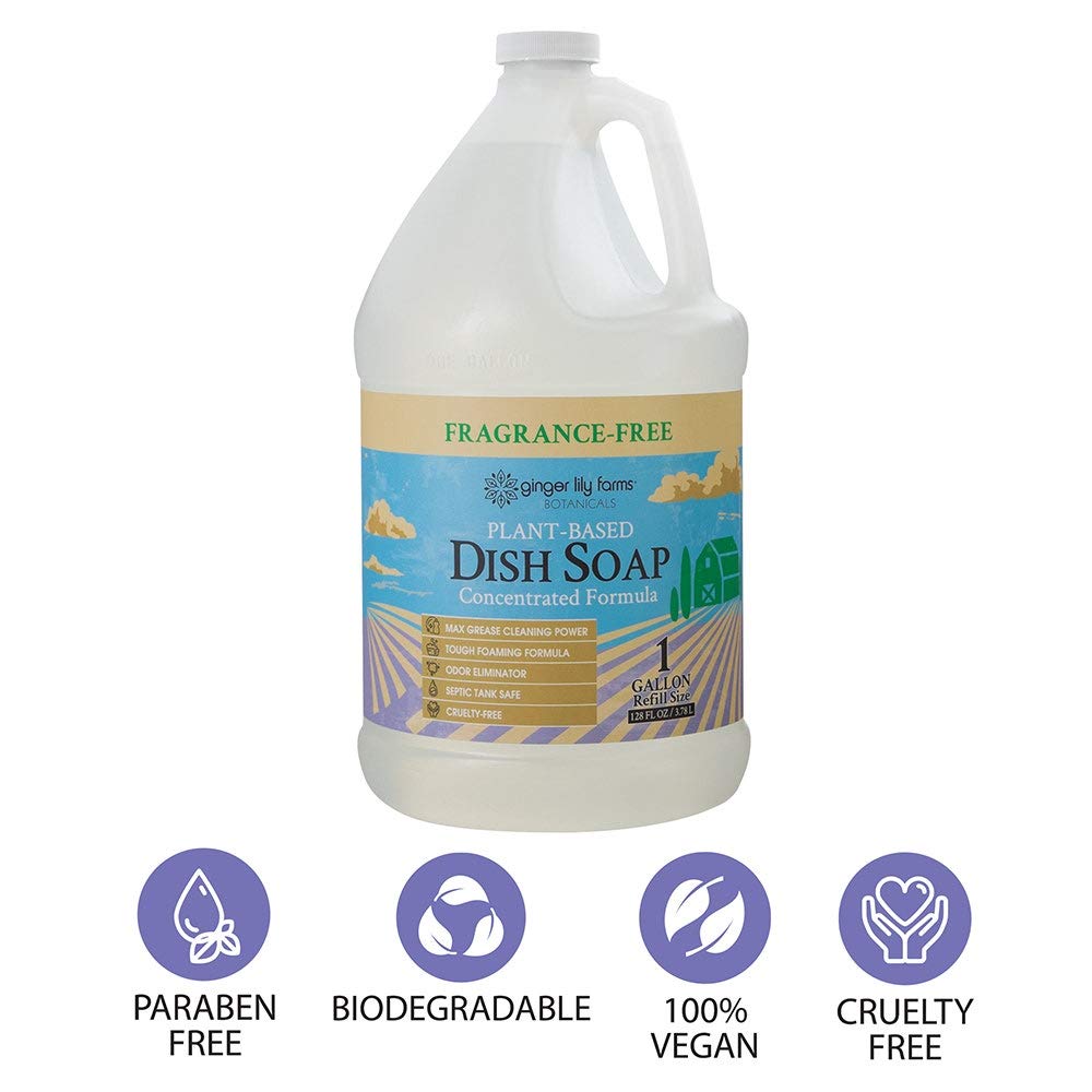 Ginger Lily Farms Botanicals Plant-Based Liquid Dish Soap, Concentrated Formula with Max Grease Cleaning Power, Cruelty-Free, Fragrance-Free, 1 Gallon Refill (128 Fl. Oz.), Clear