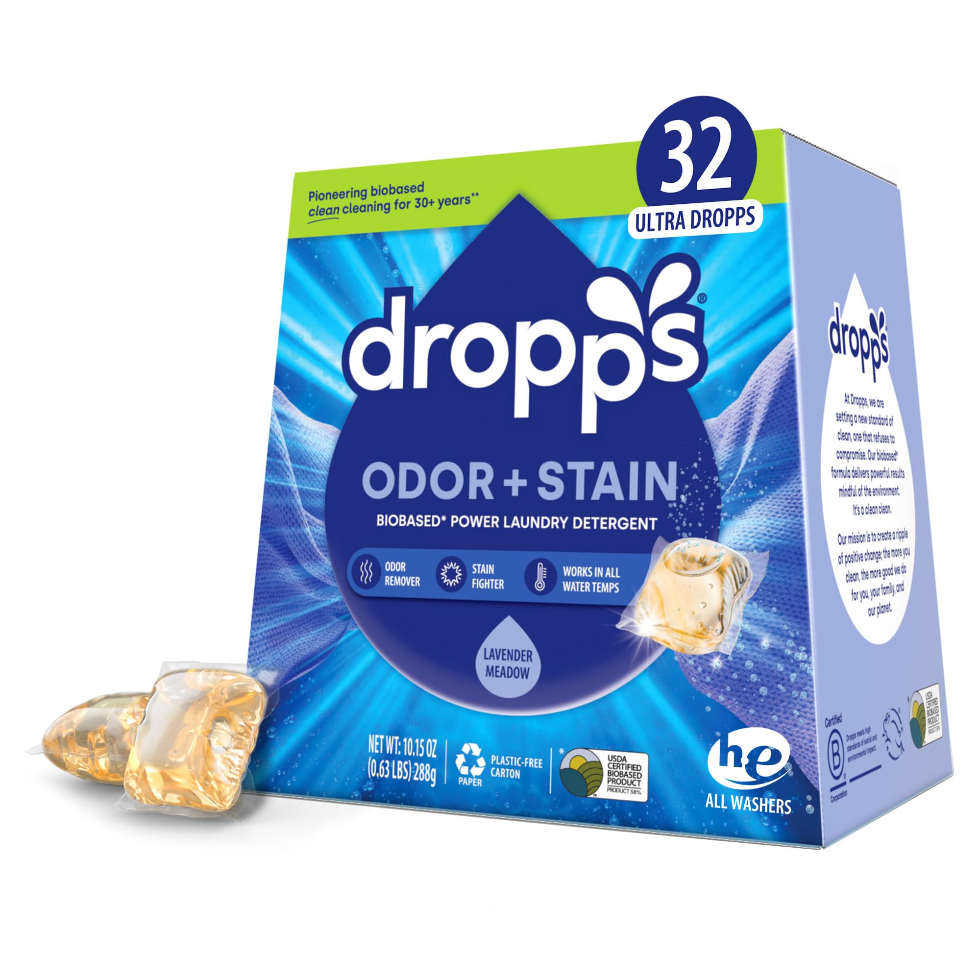 Dropps Odor & Stain Biobased Power Laundry Detergent Pods, Lavender Meadow (32 Pods) - HE Compatible Laundry Pods for Fresh Clothes - Washing Detergent Soap Supplies & Recyclable Packaging