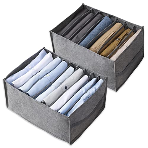2 Pack Upgraded Jeans T-Shirts Organizer, Wardrobe Clothes Dividers Organizer, Foldable Closet Drawer Storage Box for Jeans Legging T-Shirts Sweat Pant Baby Clothes - Large, Grey