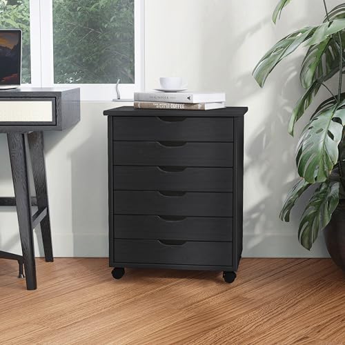 Linon Rolling Storage Corinne Cart, Six Wide Drawers, Black Wide