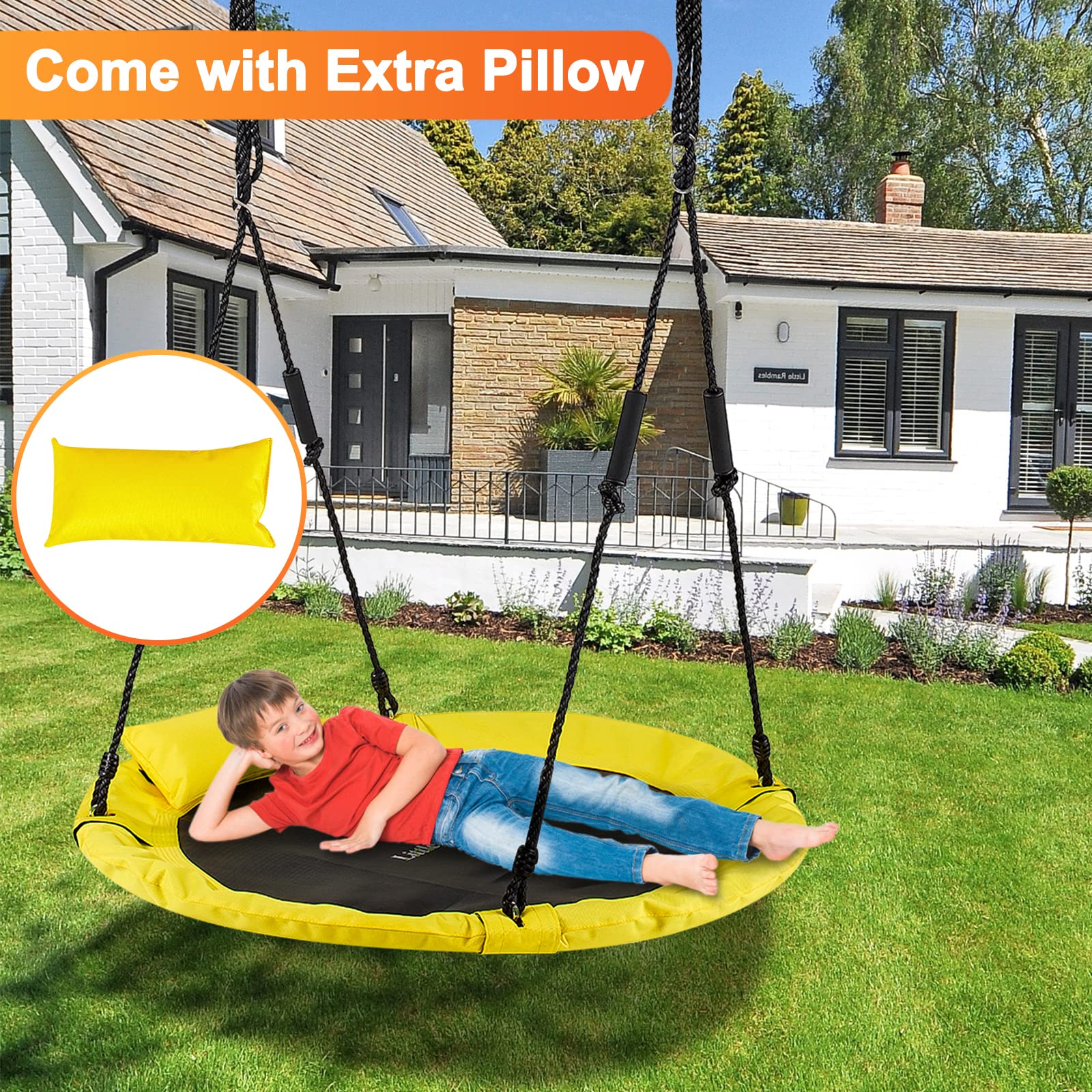 Saucer Tree Swing for Kids, LITTLELOGIQ 40 Inch Outdoor Swing Sets for Backyard, Round Flying Swing with 2 Hanging Straps, 700lb Capacity, Adjustable Ropes, Easy Setup, for Adults & Kids - Yellow