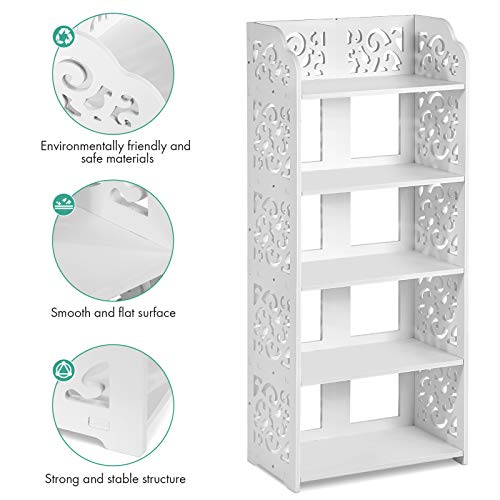 5 Tier Small Shoe Rack Storage Organizer, Engraving Vertical Shoe Rack for Entryway Tiered, Closets Shoe Storage Rack for Men Women Kids Shoes Small Shoe Rack, White