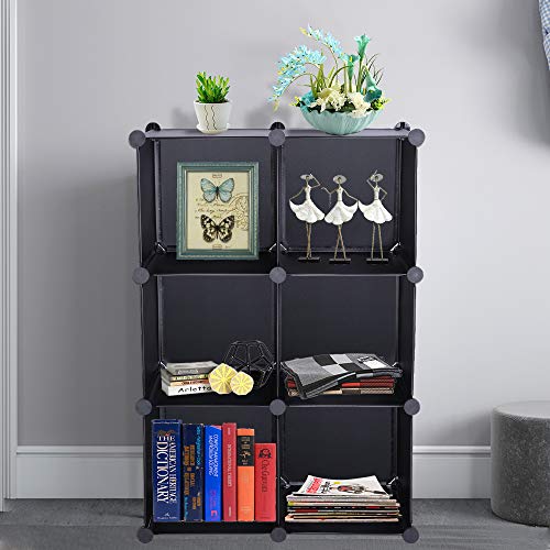 Cube Storage Organizer, Storage Cubes Shelves Bookshelf, 6 Cube Closet Organizers and Storage, DIY Stackable Plastic Clothes Organizer Shelving for Bedroom, Home Office, Black (Black)