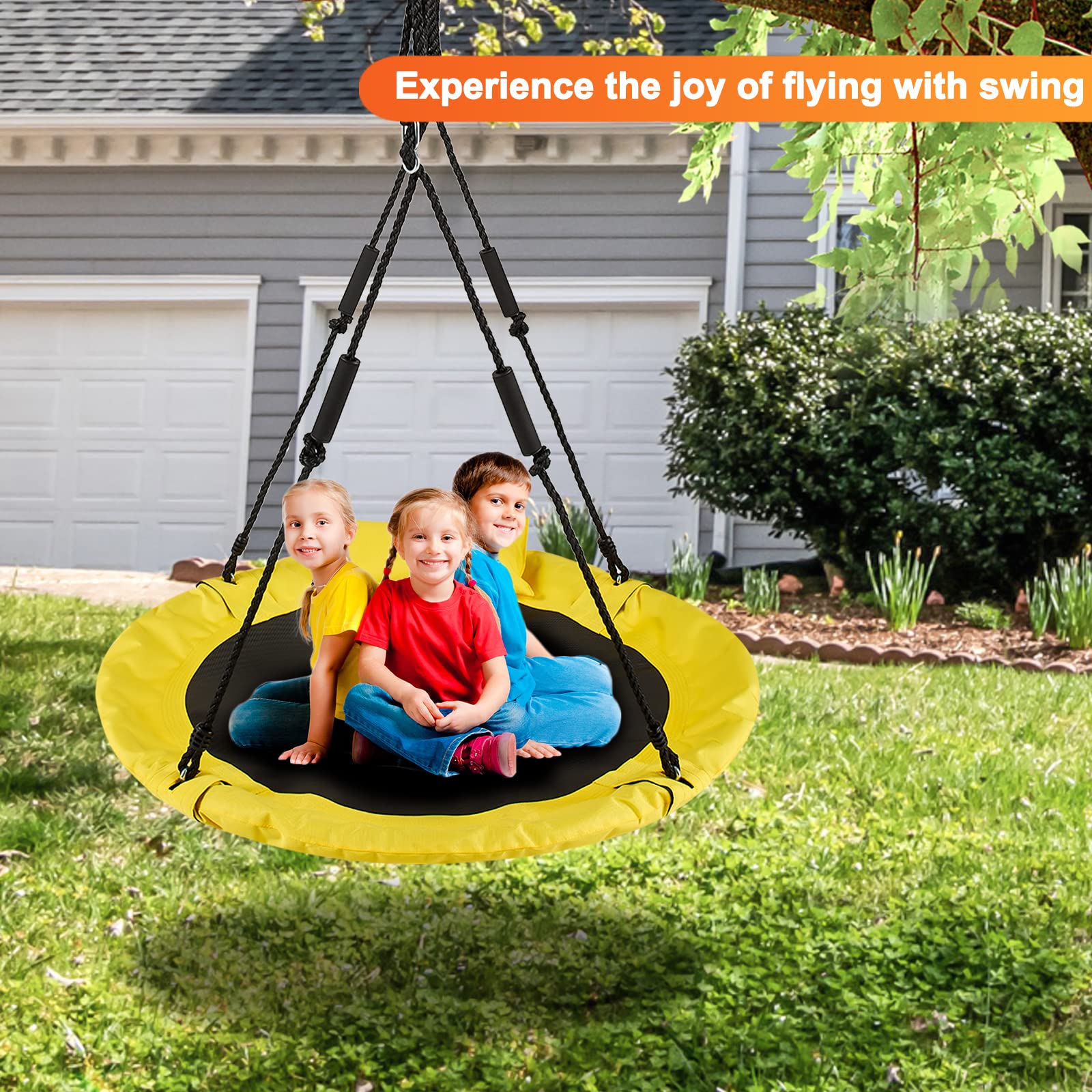 Saucer Tree Swing for Kids, LITTLELOGIQ 40 Inch Outdoor Swing Sets for Backyard, Round Flying Swing with 2 Hanging Straps, 700lb Capacity, Adjustable Ropes, Easy Setup, for Adults & Kids - Yellow
