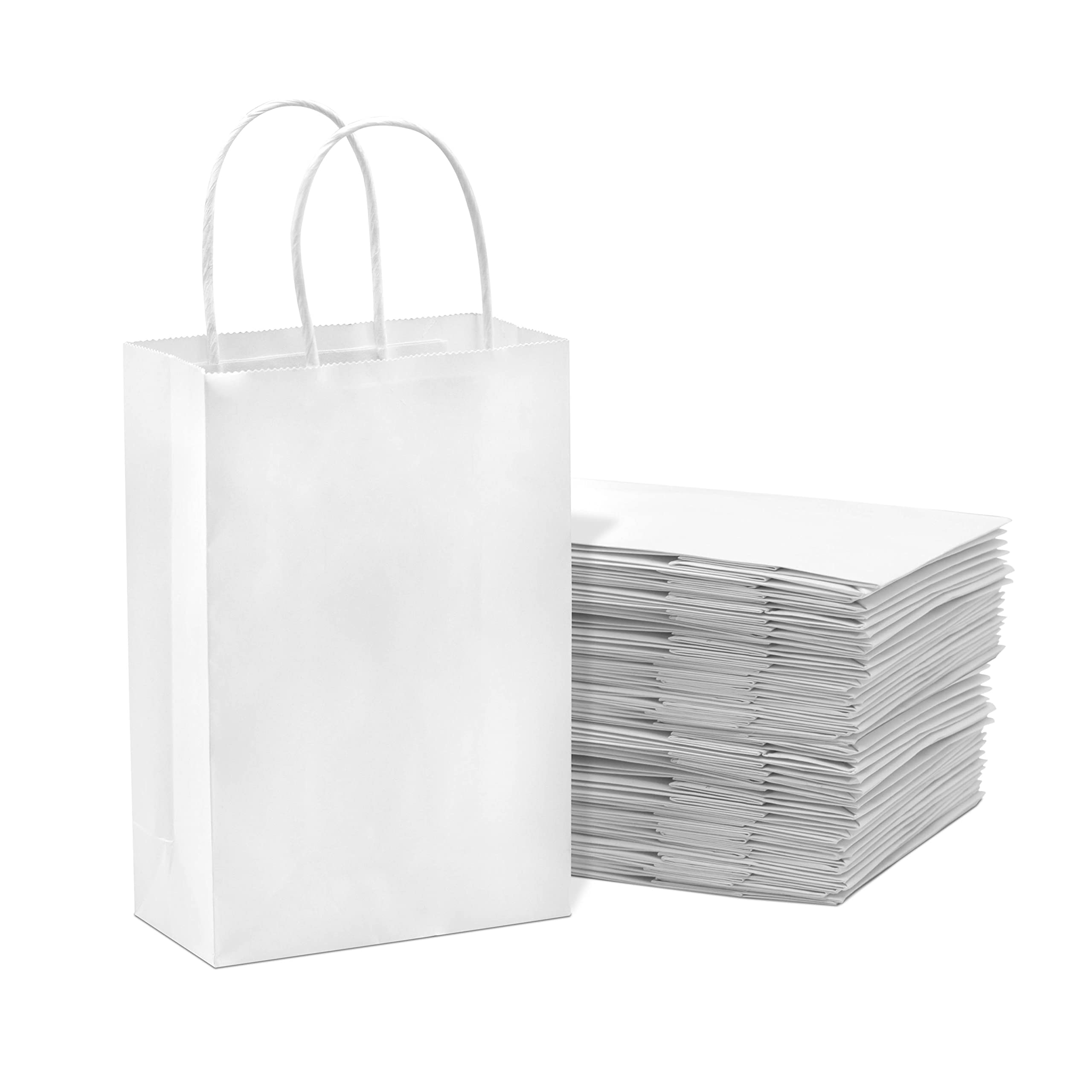 Prime Line Packaging Mini White Gift Bags with Twisted Handles, Small Business Shopping Tote, Boutique, Merchandise, Party Favor, Bulk, 6x3x9 100 Pack